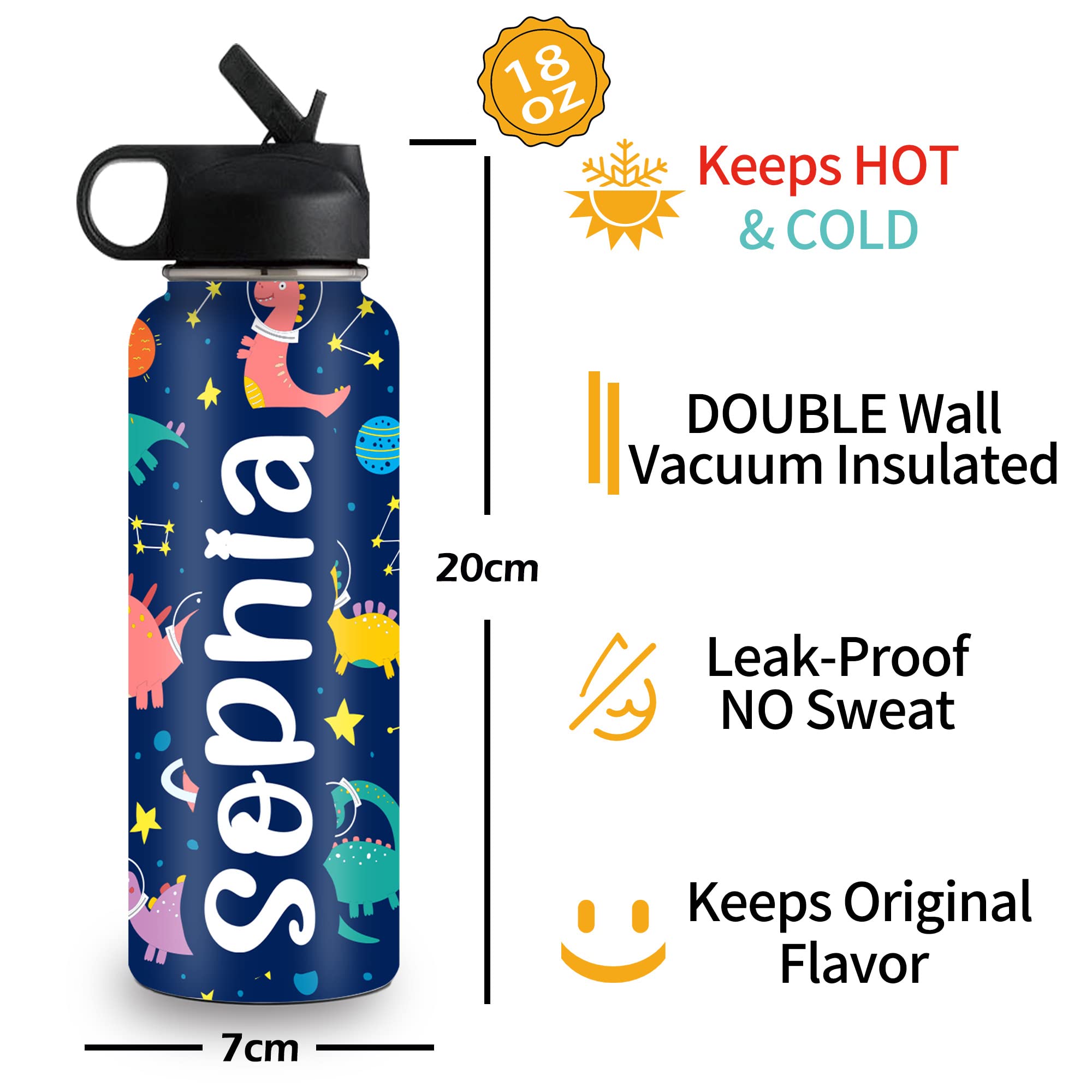 FunStudio Personalized Dinosaur Water Bottles for Boys, 18 oz Custom Name Insulated Dino Water Bottle With Straw, Stainless Steel Reusable Waterbottle Gifts for Kids School Girls Men Women - Dinosaur