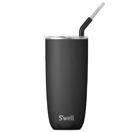 S'well Stainless Steel Tumbler with Straw and Slide-Open Lid, 24oz, Onyx, Triple Layered Vacuum Insulated Containers Keeps Drinks Cold for 18 Hours and Hot for 5, BPA Free