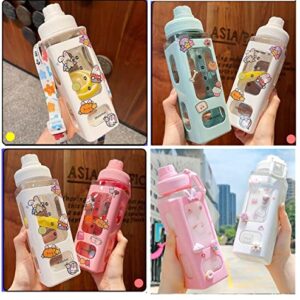 Fanovo Kawaii Water Bottle for Girls, Cute Kids Water Bottles with Straw, Carton Water Jug Large Square Drinking Bottle, Portable Leakproof Aesthetic Water Cup + 3D Stickers/Shoulder Strap, 30 oz