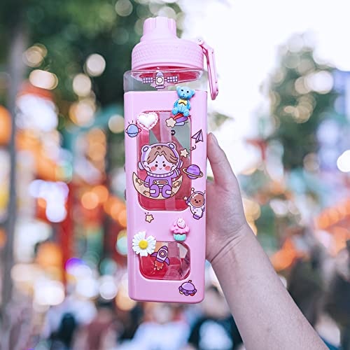 Fanovo Kawaii Water Bottle for Girls, Cute Kids Water Bottles with Straw, Carton Water Jug Large Square Drinking Bottle, Portable Leakproof Aesthetic Water Cup + 3D Stickers/Shoulder Strap, 30 oz