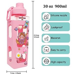 Fanovo Kawaii Water Bottle for Girls, Cute Kids Water Bottles with Straw, Carton Water Jug Large Square Drinking Bottle, Portable Leakproof Aesthetic Water Cup + 3D Stickers/Shoulder Strap, 30 oz