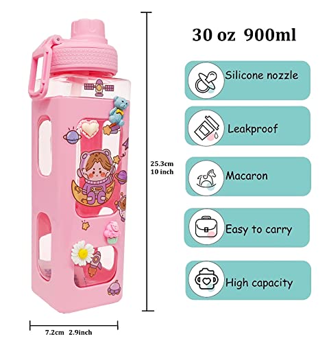 Fanovo Kawaii Water Bottle for Girls, Cute Kids Water Bottles with Straw, Carton Water Jug Large Square Drinking Bottle, Portable Leakproof Aesthetic Water Cup + 3D Stickers/Shoulder Strap, 30 oz