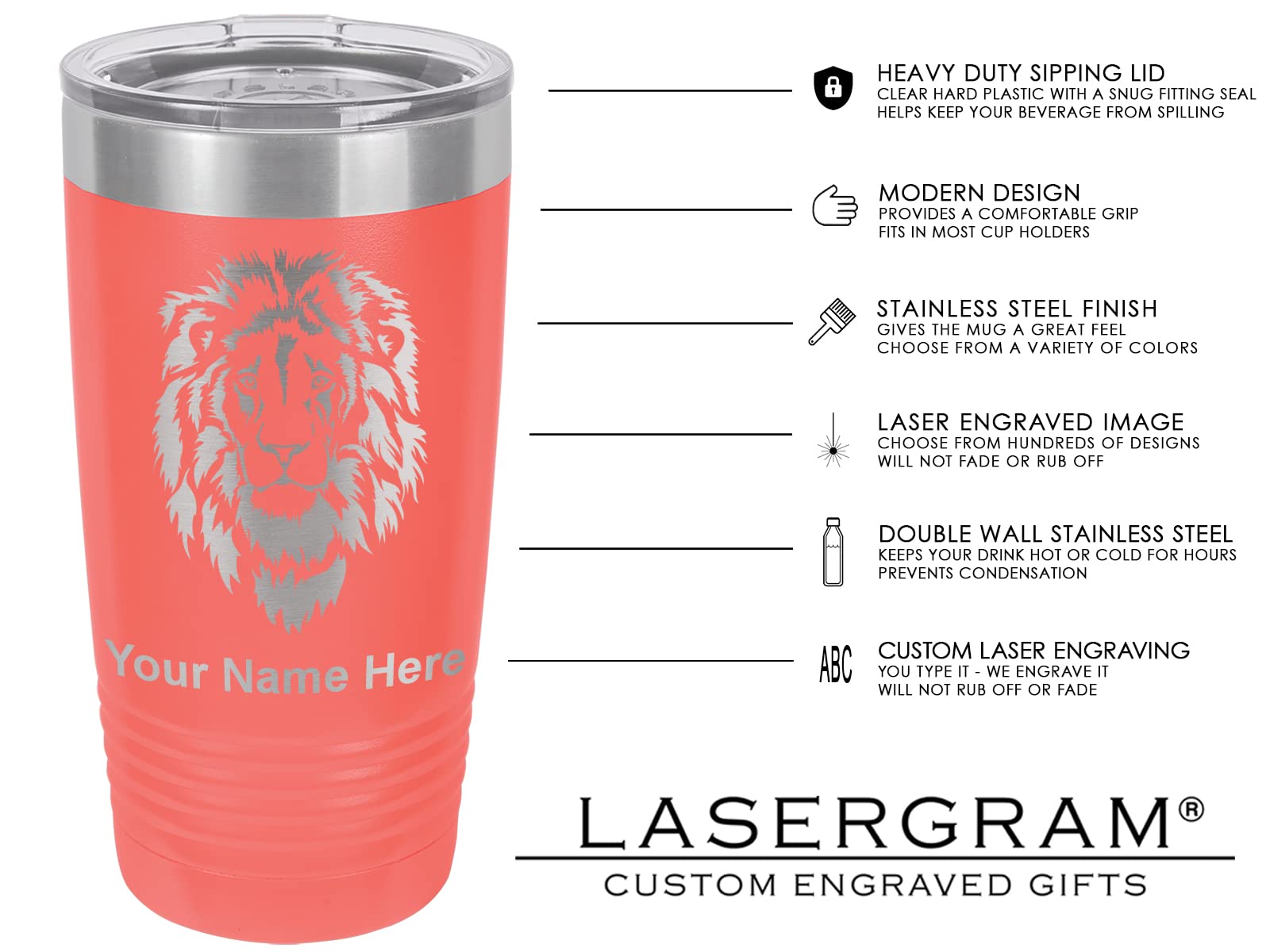 LaserGram 20oz Vacuum Insulated Tumbler Mug, Palm Trees, Personalized Engraving Included (Coral)