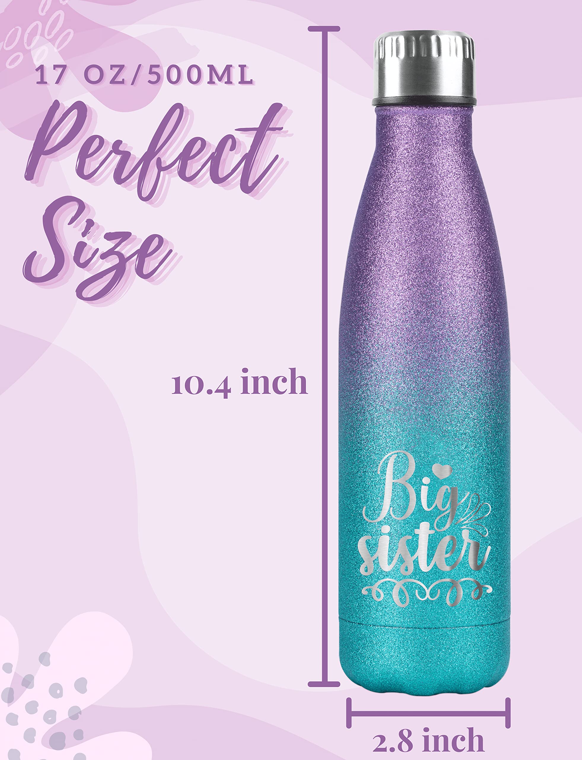 Onebttl Big Sister Gifts for daughter, Insulated Stainless Steel Water Bottle, For Big Sis on Birthday/Pregnancy announcement, 17 oz, Violet-Blue Gradient Glitter