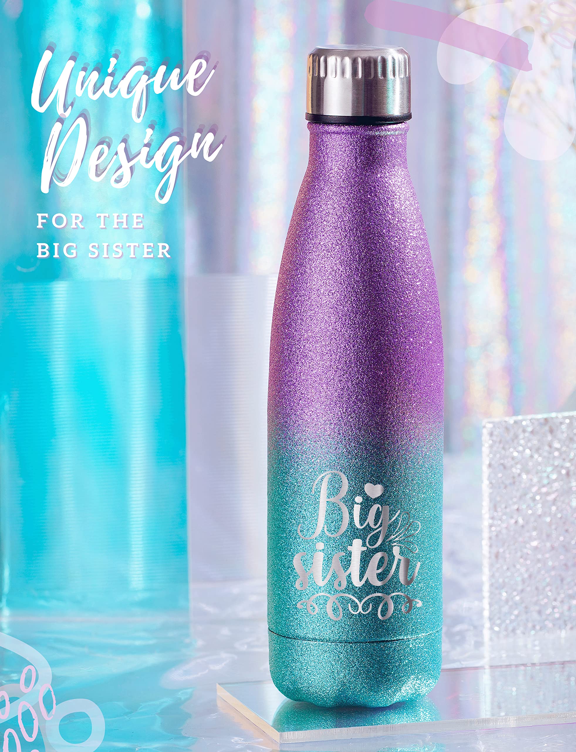 Onebttl Big Sister Gifts for daughter, Insulated Stainless Steel Water Bottle, For Big Sis on Birthday/Pregnancy announcement, 17 oz, Violet-Blue Gradient Glitter