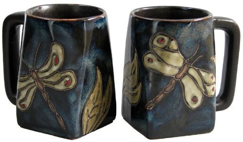 Set Of Two (2) MARA STONEWARE COLLECTION - 12 Oz Coffee or Tea Cup Collectible Square Bottom Mugs - Dragonfly/Insect Design