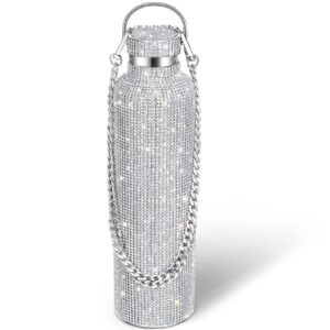 diamond water bottle bling rhinestone stainless steel thermal bottle refillable water bottle insulated water bottle glitter water bottle with chain for women girls gifts (light silver, 1000 ml)