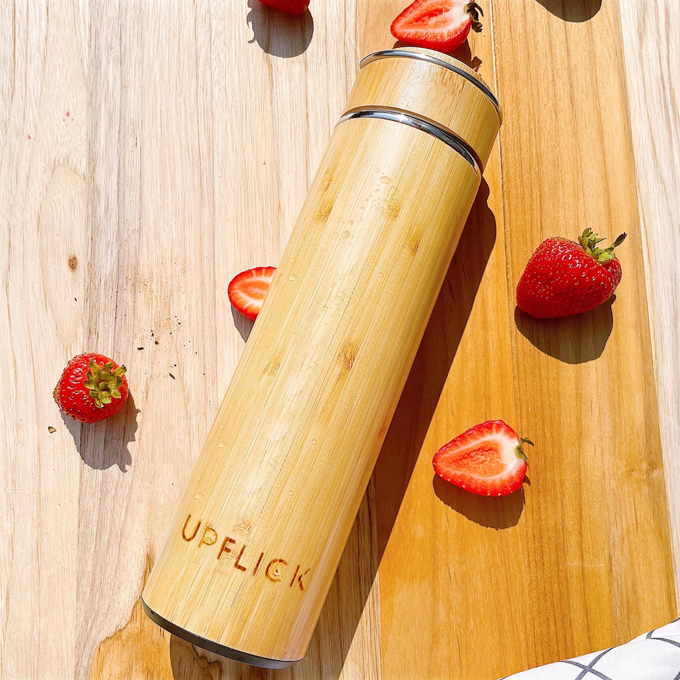 UPFLICK Bamboo Tea Tumbler with Infuser for Loose Tea 17 oz Insulated Water Bottle Gift for Women Birthday Coffee Thermos Stainless Steel Leak Proof Keep Hot Cold Drink for Gym, Sport, Camping, Yoga.