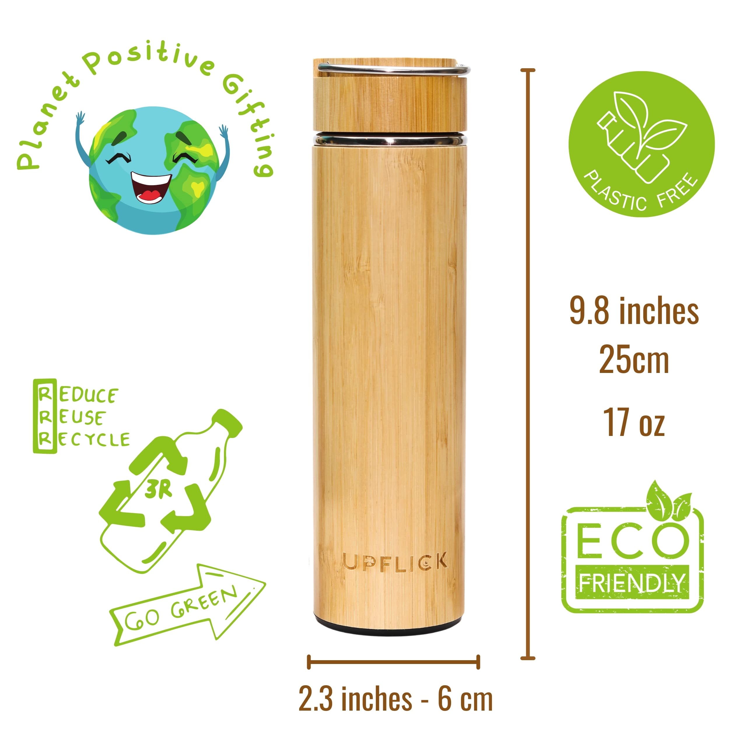 UPFLICK Bamboo Tea Tumbler with Infuser for Loose Tea 17 oz Insulated Water Bottle Gift for Women Birthday Coffee Thermos Stainless Steel Leak Proof Keep Hot Cold Drink for Gym, Sport, Camping, Yoga.