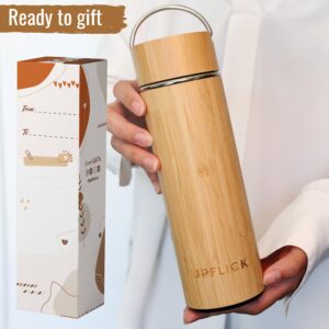 UPFLICK Bamboo Tea Tumbler with Infuser for Loose Tea 17 oz Insulated Water Bottle Gift for Women Birthday Coffee Thermos Stainless Steel Leak Proof Keep Hot Cold Drink for Gym, Sport, Camping, Yoga.