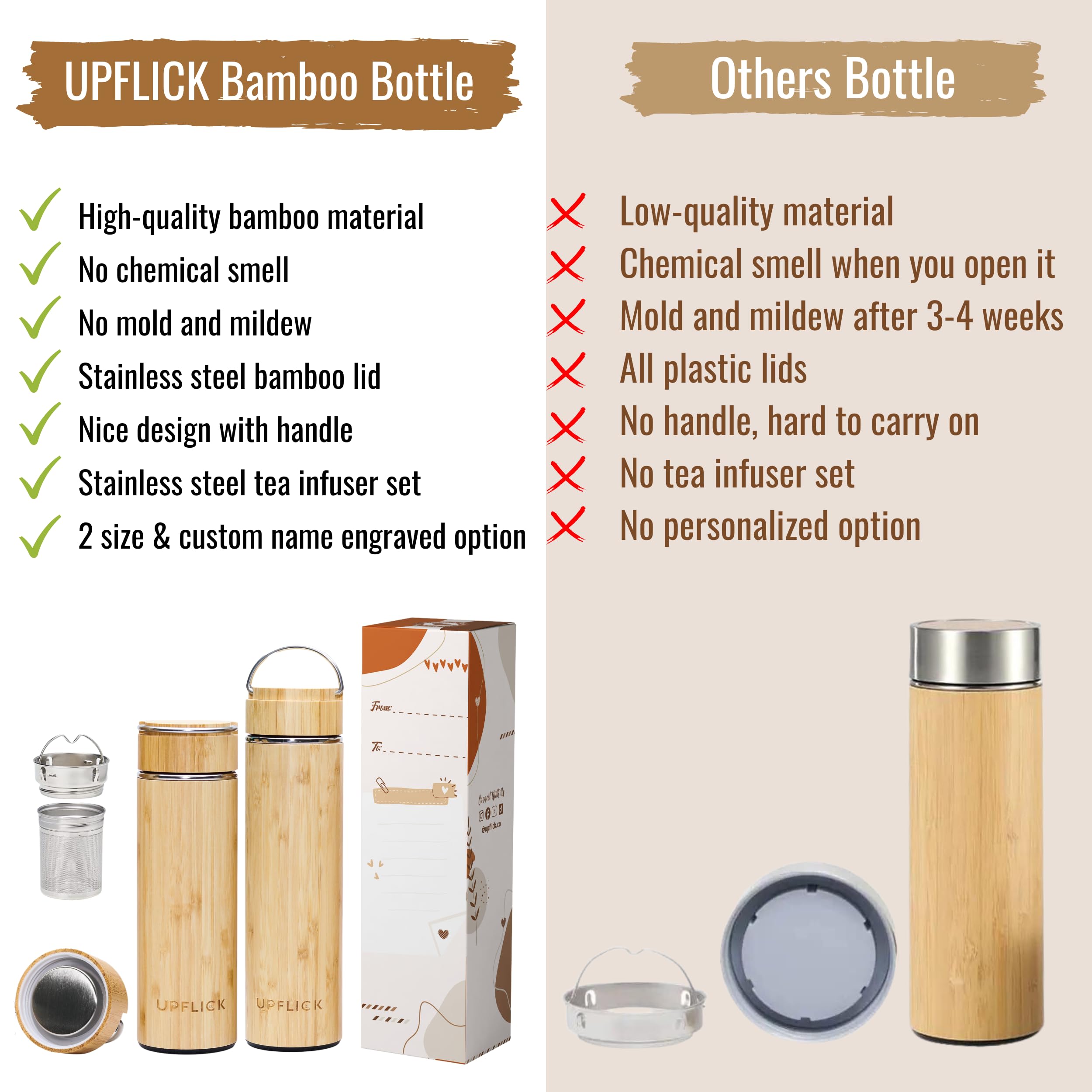 UPFLICK Bamboo Tea Tumbler with Infuser for Loose Tea 17 oz Insulated Water Bottle Gift for Women Birthday Coffee Thermos Stainless Steel Leak Proof Keep Hot Cold Drink for Gym, Sport, Camping, Yoga.