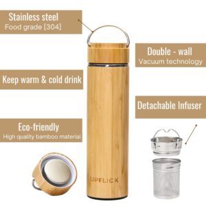 UPFLICK Bamboo Tea Tumbler with Infuser for Loose Tea 17 oz Insulated Water Bottle Gift for Women Birthday Coffee Thermos Stainless Steel Leak Proof Keep Hot Cold Drink for Gym, Sport, Camping, Yoga.