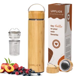 UPFLICK Bamboo Tea Tumbler with Infuser for Loose Tea 17 oz Insulated Water Bottle Gift for Women Birthday Coffee Thermos Stainless Steel Leak Proof Keep Hot Cold Drink for Gym, Sport, Camping, Yoga.