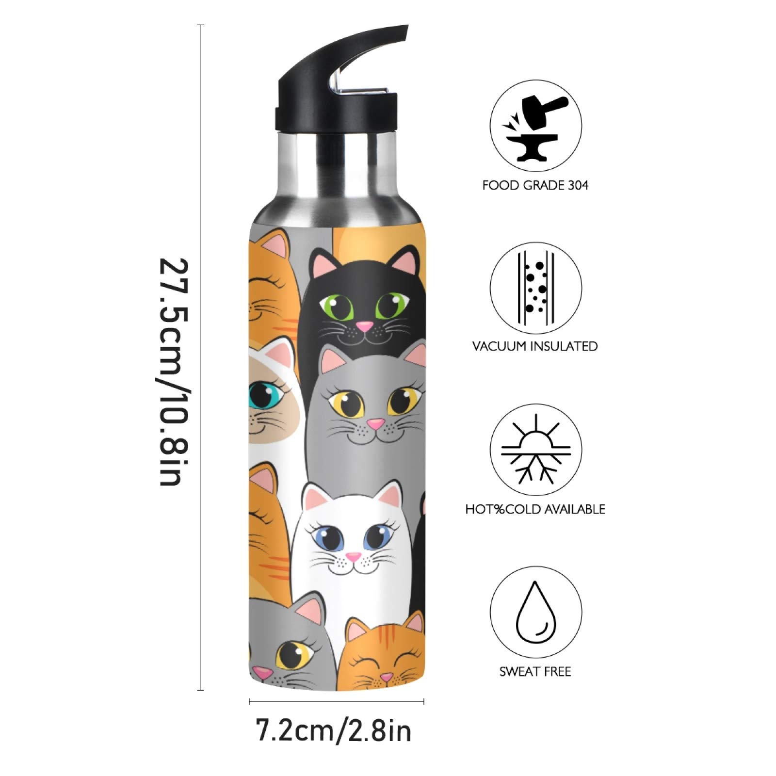 SUABO Cute Kittens Water Bottle Insulated for School Girls Boys, Stainless Steel Water Bottle with Straw, 20oz