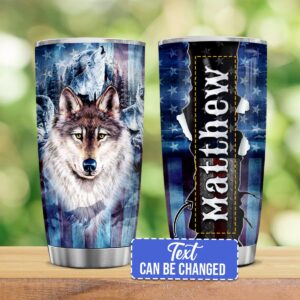 Wassmin Personalized Wolf Tumbler Gifts For Men Wolves American Flag Tumbler 20oz 30oz Stainless Steel Insulated Tumblers Coffee Travel Mug Cup Birthday Father's Day Stuff Gift