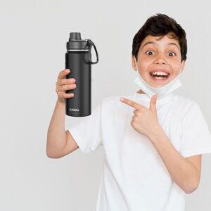 SASEUM Kids Sport Water Bottle 17oz Stainless Steel Double Wall Vacuum Thermal Mug with Leak Proof Spout Lids, Wide Mouth Metal Insulated Water Jug for Gym and Travel,Black