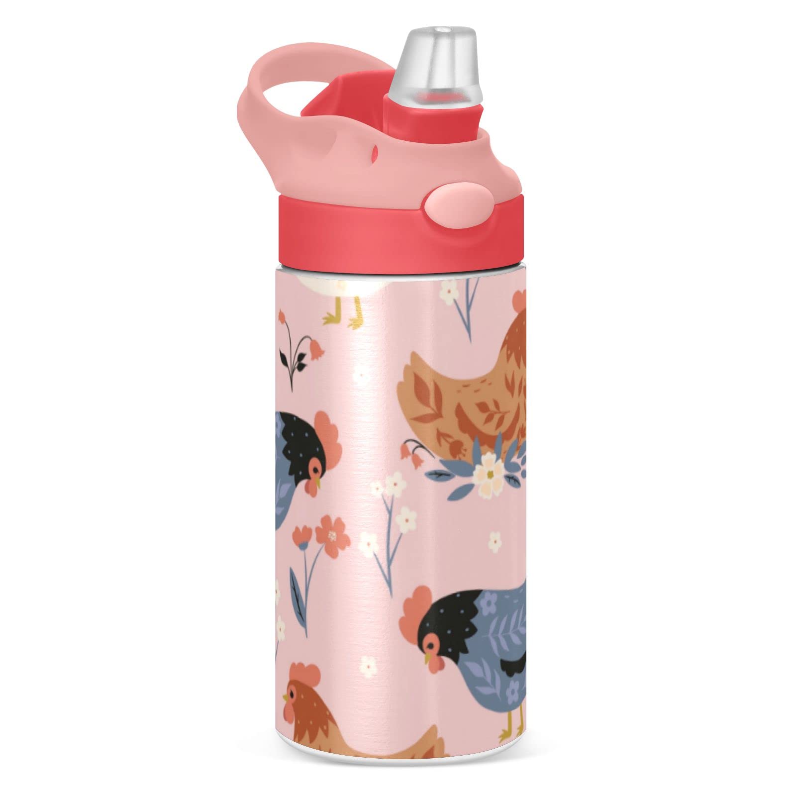 Cute Chickens and Flowers Kids Water Bottle, Vacuum Insulated Stainless Steel, Double Walled Leakproof Tumbler Travel Cup for Girls Boys Toddlers, 12 oz