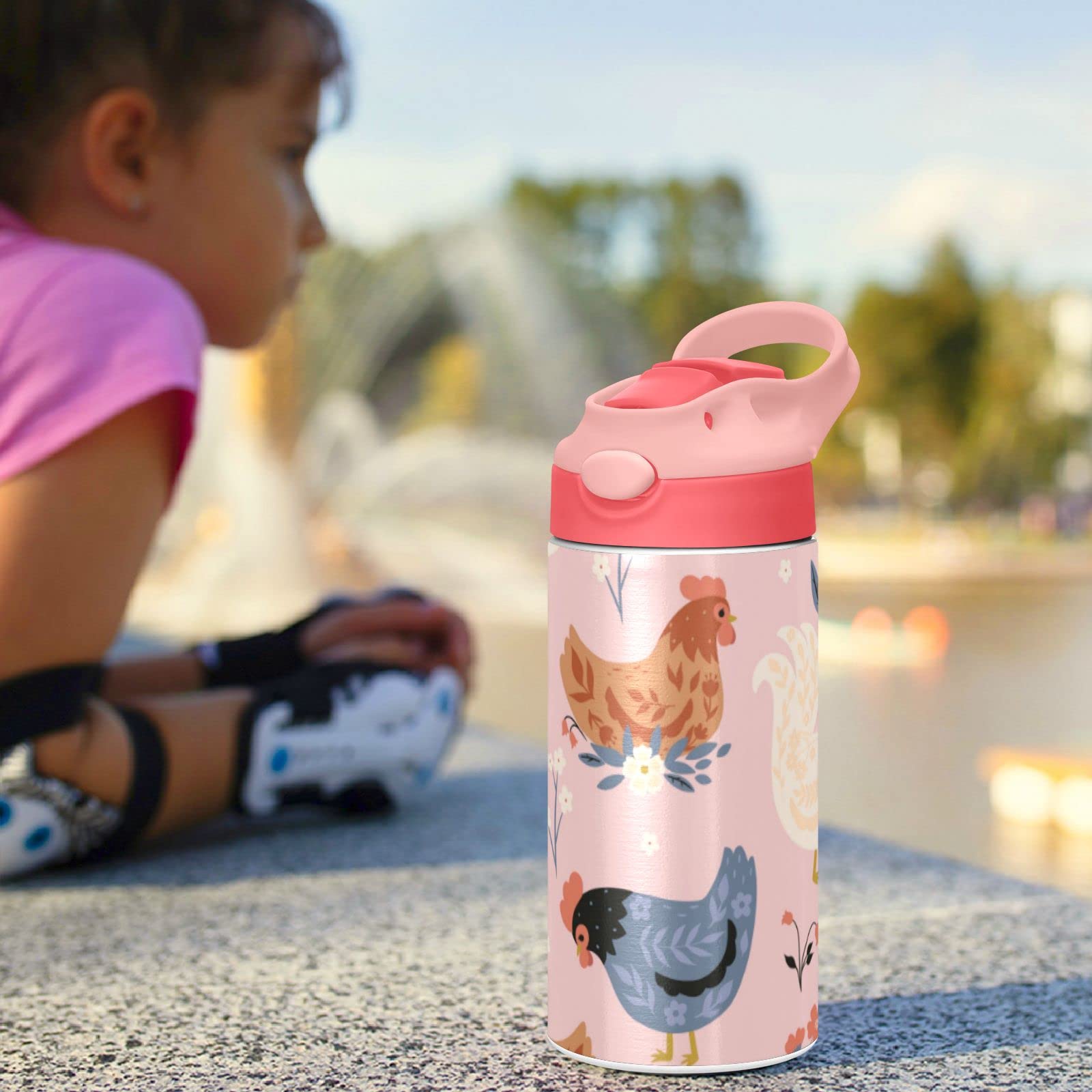 Cute Chickens and Flowers Kids Water Bottle, Vacuum Insulated Stainless Steel, Double Walled Leakproof Tumbler Travel Cup for Girls Boys Toddlers, 12 oz