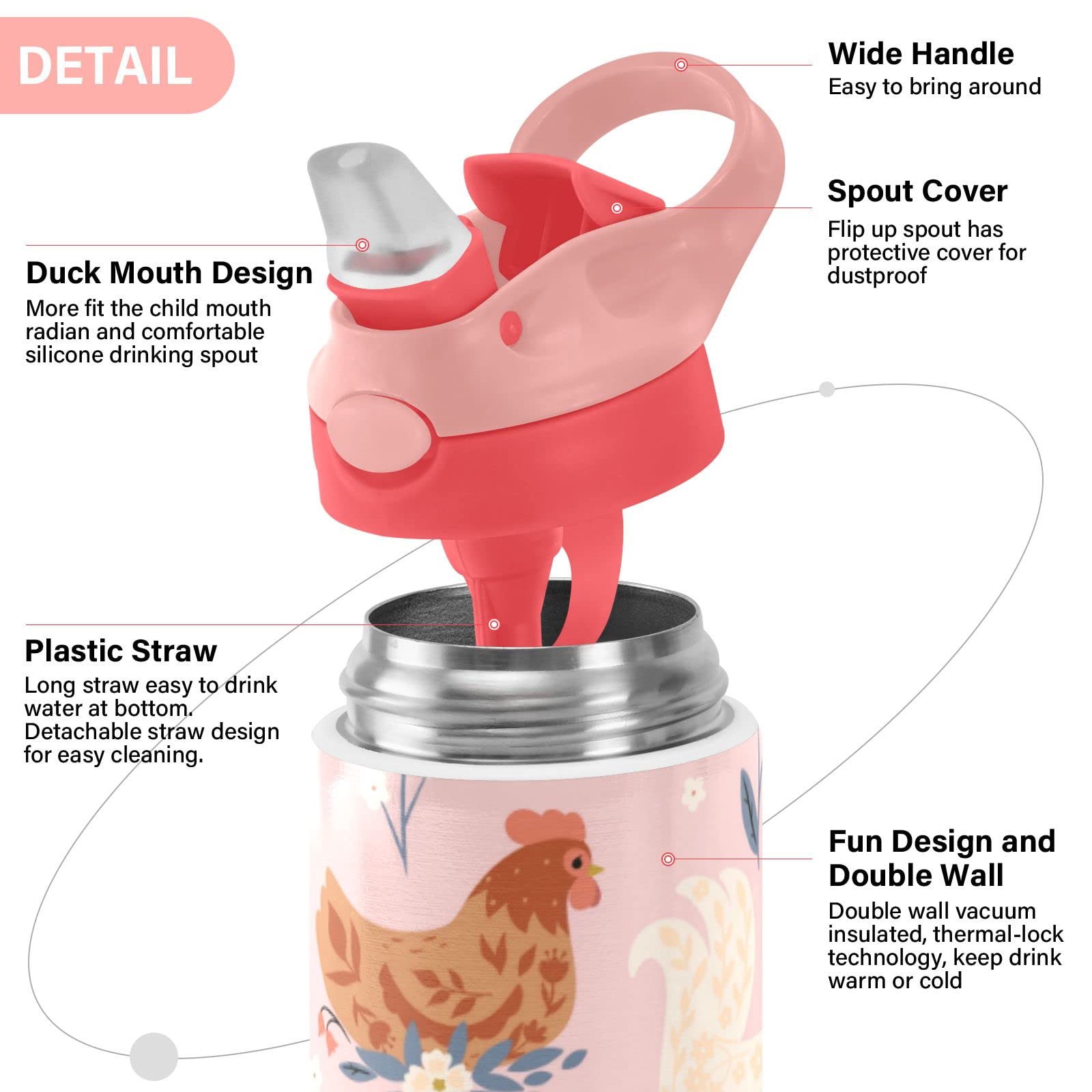 Cute Chickens and Flowers Kids Water Bottle, Vacuum Insulated Stainless Steel, Double Walled Leakproof Tumbler Travel Cup for Girls Boys Toddlers, 12 oz