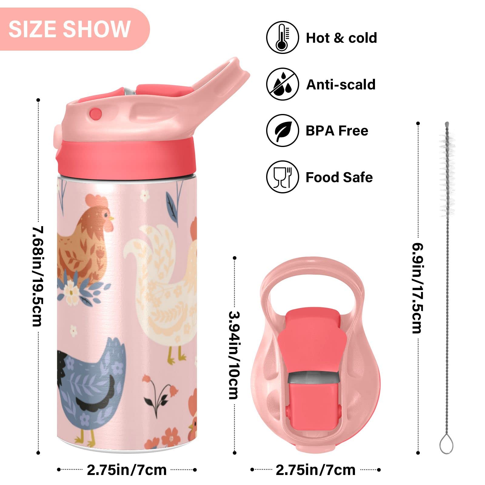 Cute Chickens and Flowers Kids Water Bottle, Vacuum Insulated Stainless Steel, Double Walled Leakproof Tumbler Travel Cup for Girls Boys Toddlers, 12 oz