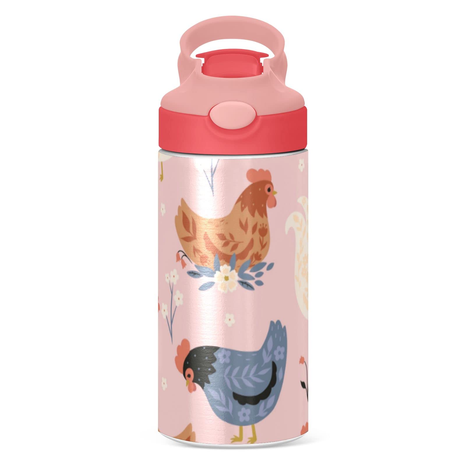 Cute Chickens and Flowers Kids Water Bottle, Vacuum Insulated Stainless Steel, Double Walled Leakproof Tumbler Travel Cup for Girls Boys Toddlers, 12 oz