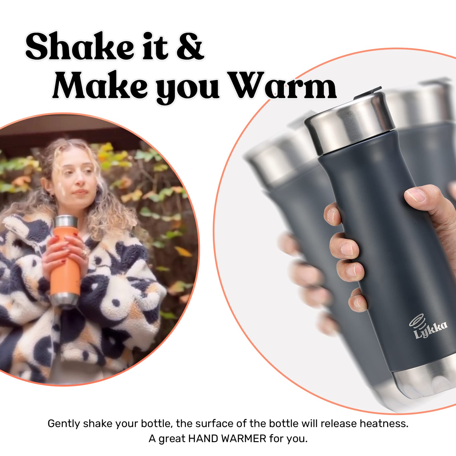 Lykka 21oz Smart Thermos: Shake-to-Heat & Cool, Hand Warmer, Spill-Proof Lid, Stainless Steel Insulated Tumbler