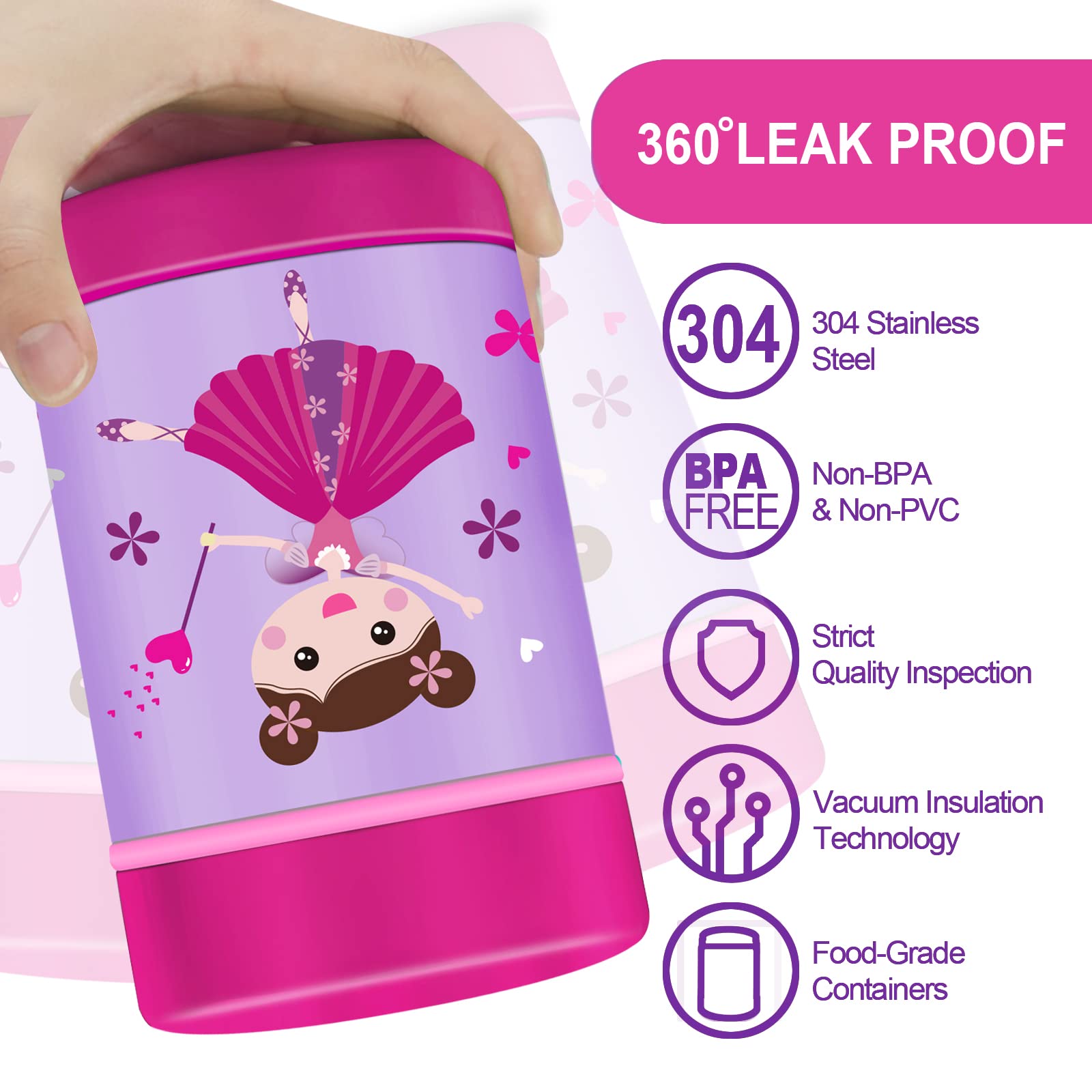 LESONJOY Food Jar Thermos For Hot Food Kids, 16 oz Leak Proof Bento Lunch Box with Insulated Lunch Bag & Spoon, Vacuum Stainless Steel Lunch Containers for Hot & Cold Food, Pink