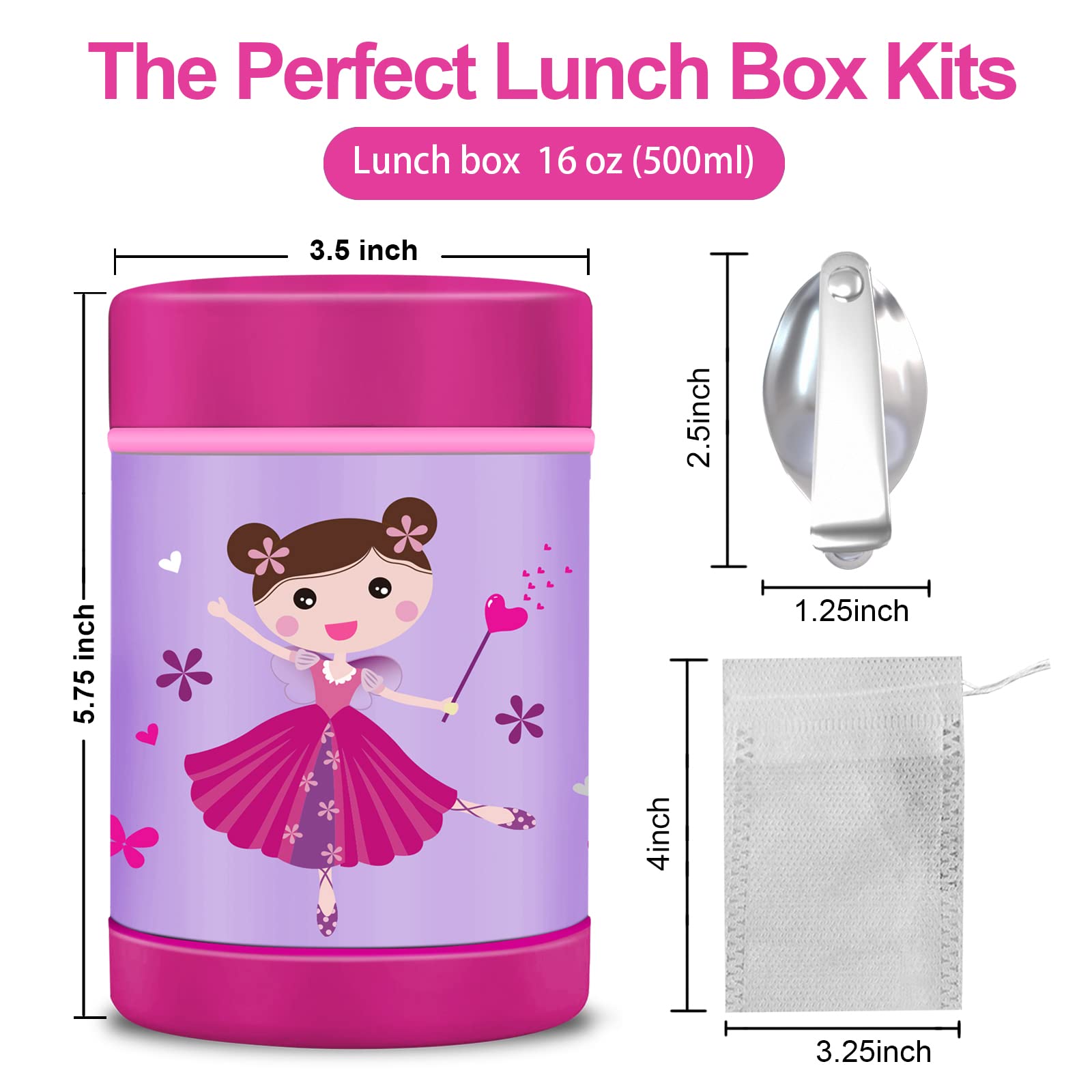 LESONJOY Food Jar Thermos For Hot Food Kids, 16 oz Leak Proof Bento Lunch Box with Insulated Lunch Bag & Spoon, Vacuum Stainless Steel Lunch Containers for Hot & Cold Food, Pink