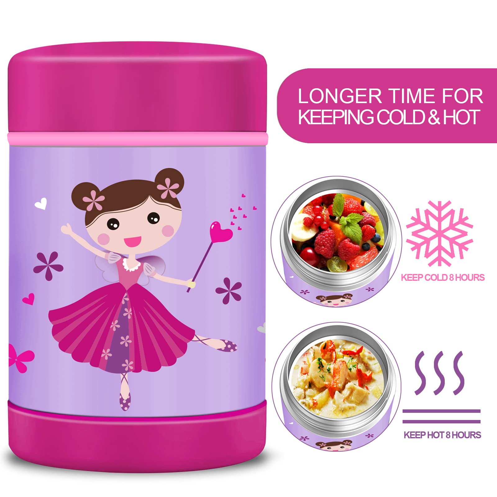 LESONJOY Food Jar Thermos For Hot Food Kids, 16 oz Leak Proof Bento Lunch Box with Insulated Lunch Bag & Spoon, Vacuum Stainless Steel Lunch Containers for Hot & Cold Food, Pink