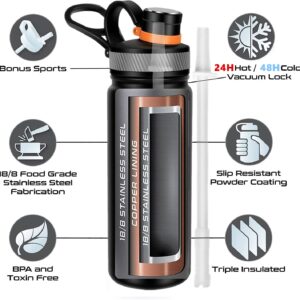 DLANDXI 24 Oz Insulated Stainless Steel Water Bottle with Straw Double-Wall Vacuum Thermal Keep Warm Cold for Kids Adults(Black)