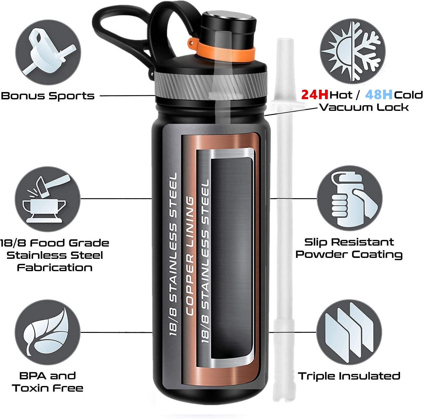 DLANDXI 24 Oz Insulated Stainless Steel Water Bottle with Straw Double-Wall Vacuum Thermal Keep Warm Cold for Kids Adults(Black)