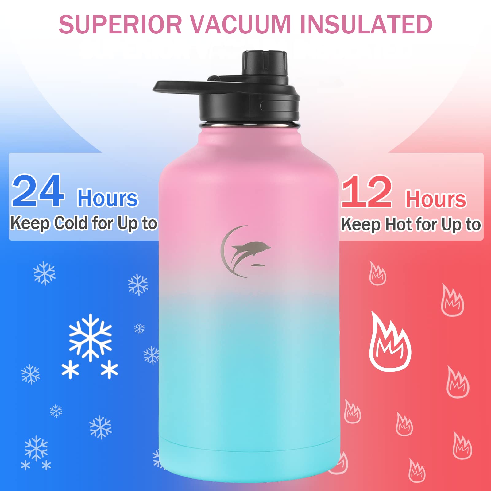 64 oz Insulated Water Bottle, Vacuum Stainless Steel Water Bottle with Straw Lids and Spout Lids, Paracord Handle,Thermo Mug Water Flask for Sports Outdoor Gym