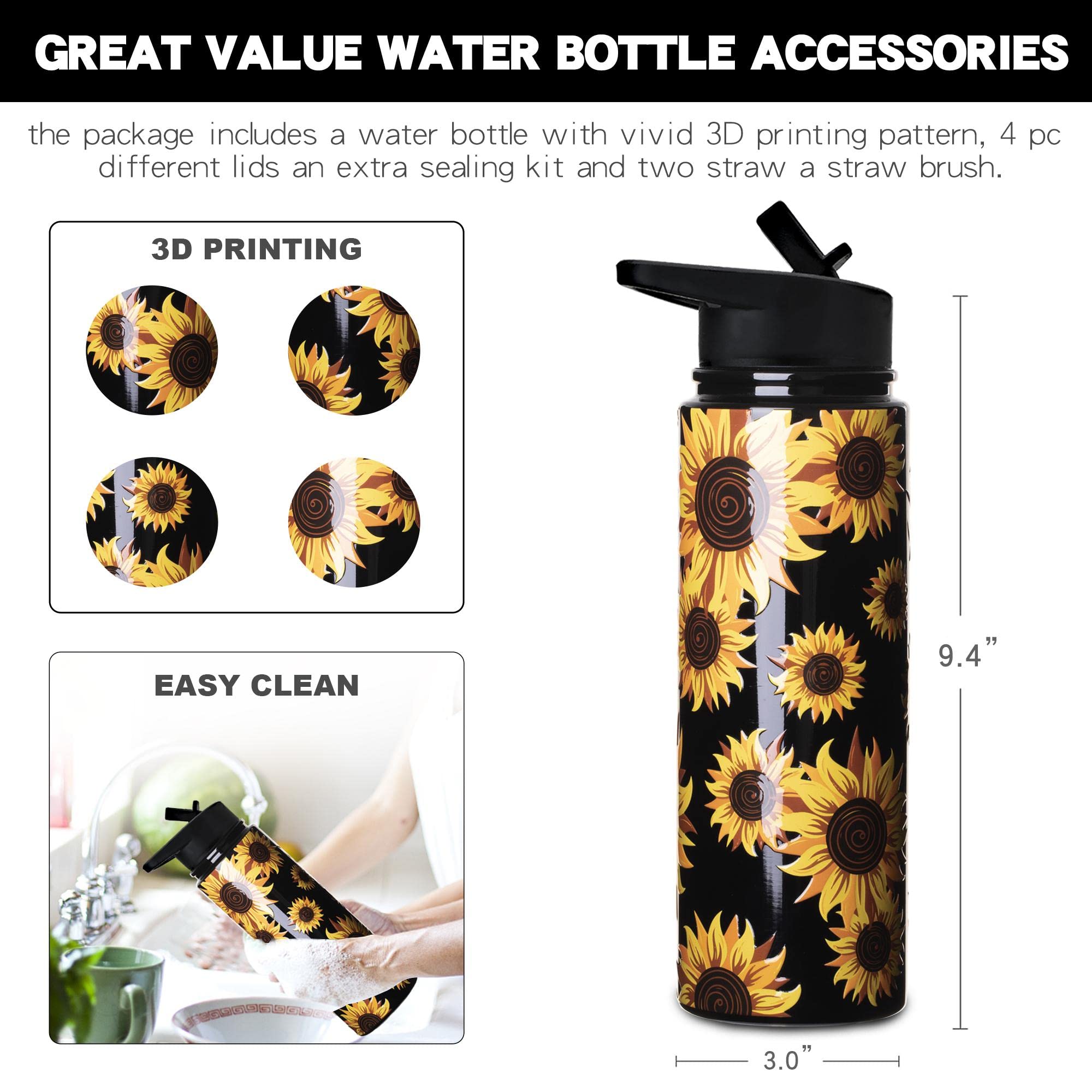 Boelia 24oz Sunflower Water Bottle with Straw Stainless Steel Insulated Water Bottles Wide Mouth Keeps Hot and Cold for Sports Gym Cycling Outdoor