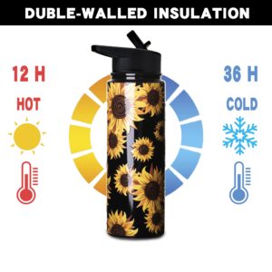 Boelia 24oz Sunflower Water Bottle with Straw Stainless Steel Insulated Water Bottles Wide Mouth Keeps Hot and Cold for Sports Gym Cycling Outdoor