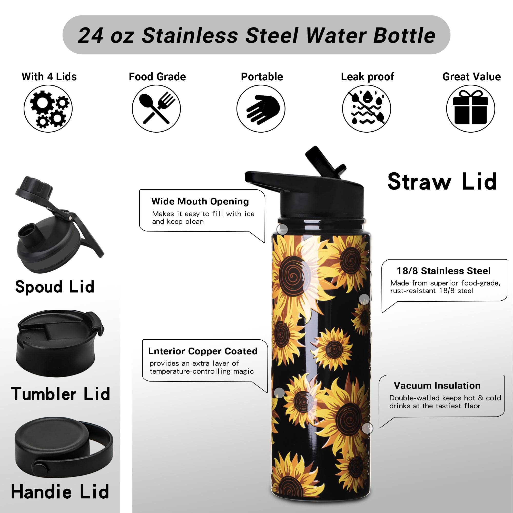 Boelia 24oz Sunflower Water Bottle with Straw Stainless Steel Insulated Water Bottles Wide Mouth Keeps Hot and Cold for Sports Gym Cycling Outdoor