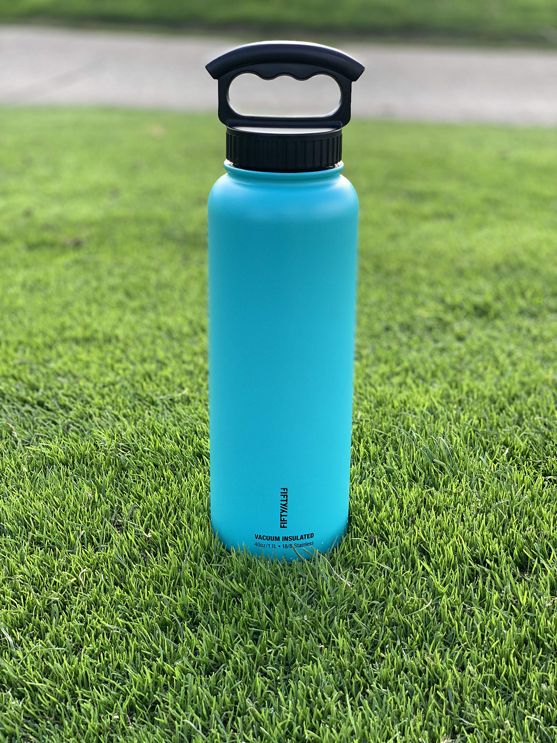 Fifty/Fifty 40oz, Sport Double Wall Vacuum Insulated Water Bottle, Stainless Steel, 3 Finger Cap w/ Wide Mouth, Cool Mint, Cool Mint, 40 oz.