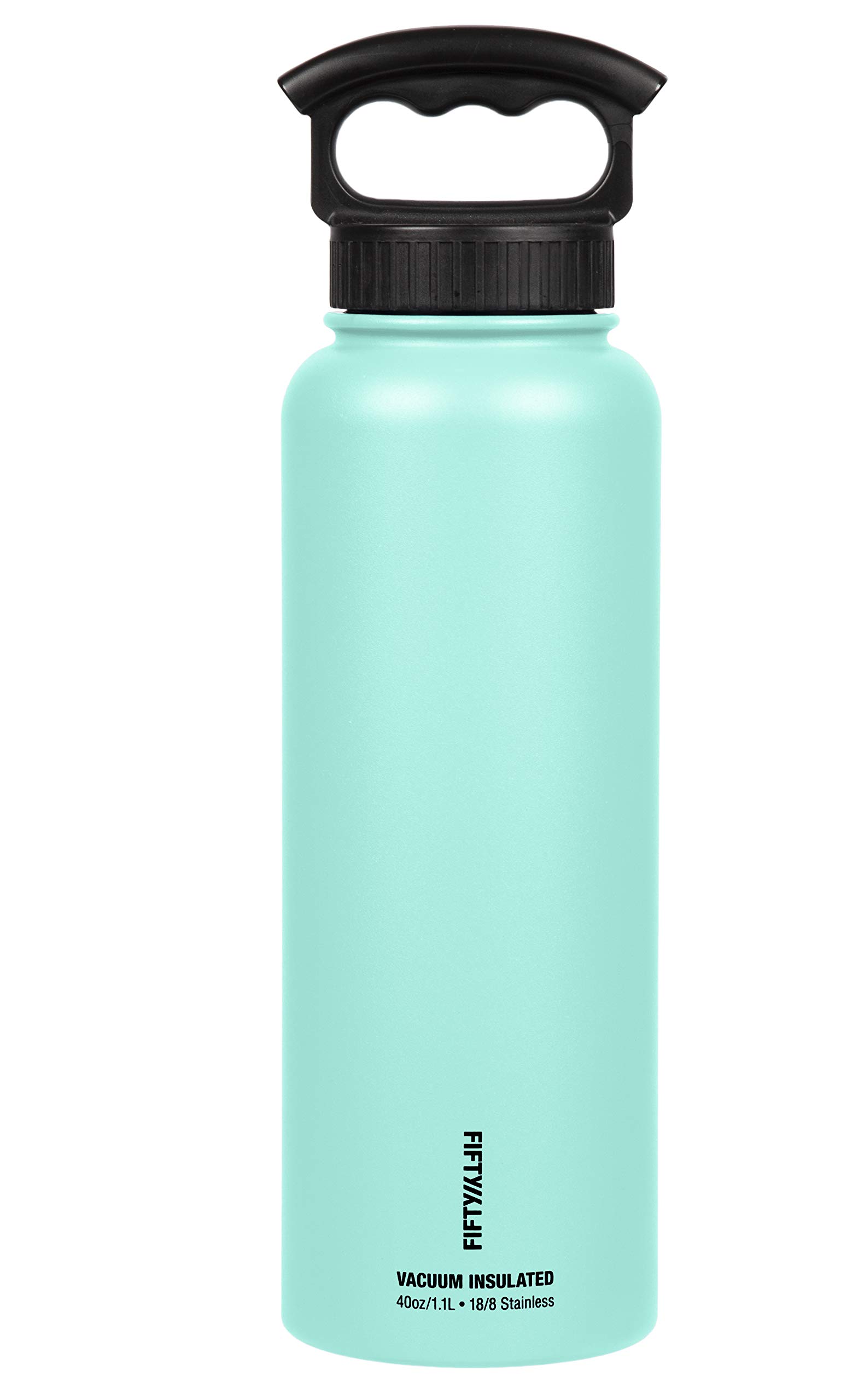 Fifty/Fifty 40oz, Sport Double Wall Vacuum Insulated Water Bottle, Stainless Steel, 3 Finger Cap w/ Wide Mouth, Cool Mint, Cool Mint, 40 oz.