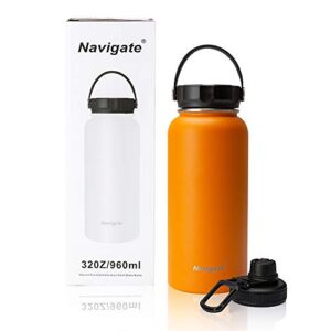 navigate 32oz wide mouth stainless steel water bottle with two lids, double walled vacuum insulated travel sports flask cup |keep drink stay cold & hot, leak proof