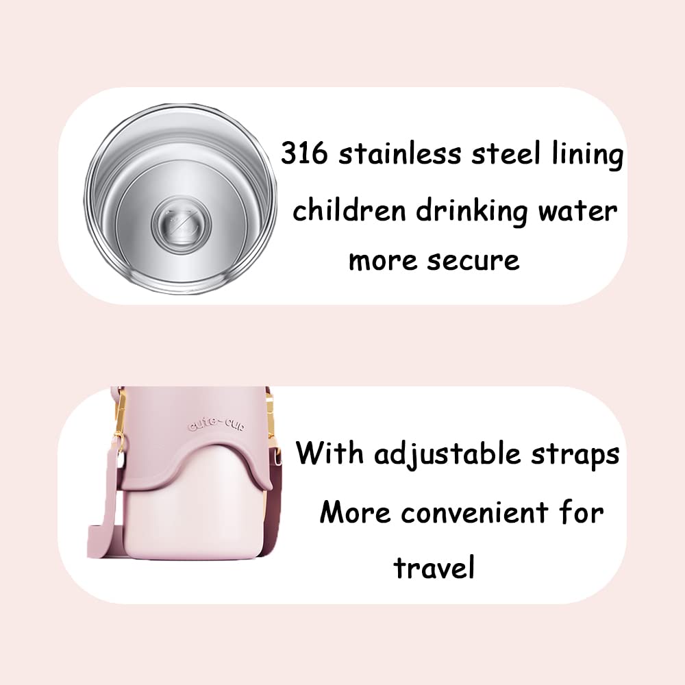 Credrink 12oz Insulated Water Bottle for Kids,Water Bottle with Straw,kids Stainless Steel Water Bottle,Kids Water Bottle for School,Leak-Proof and Scald-Proof with Cute Designf for Girls & Boys（Pink）