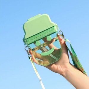 YunQin Outdoor Travel 300ML/10oz Cute Water Bottles with Straws, Creative Smile Leakproof Plastic Drink Water Bottles,Adjustable Shoulder Strap Water Jug for Girls. (Green)