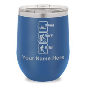 skunkwerkz wine glass tumbler, swim bike run vertical, personalized engraving included (dark blue)