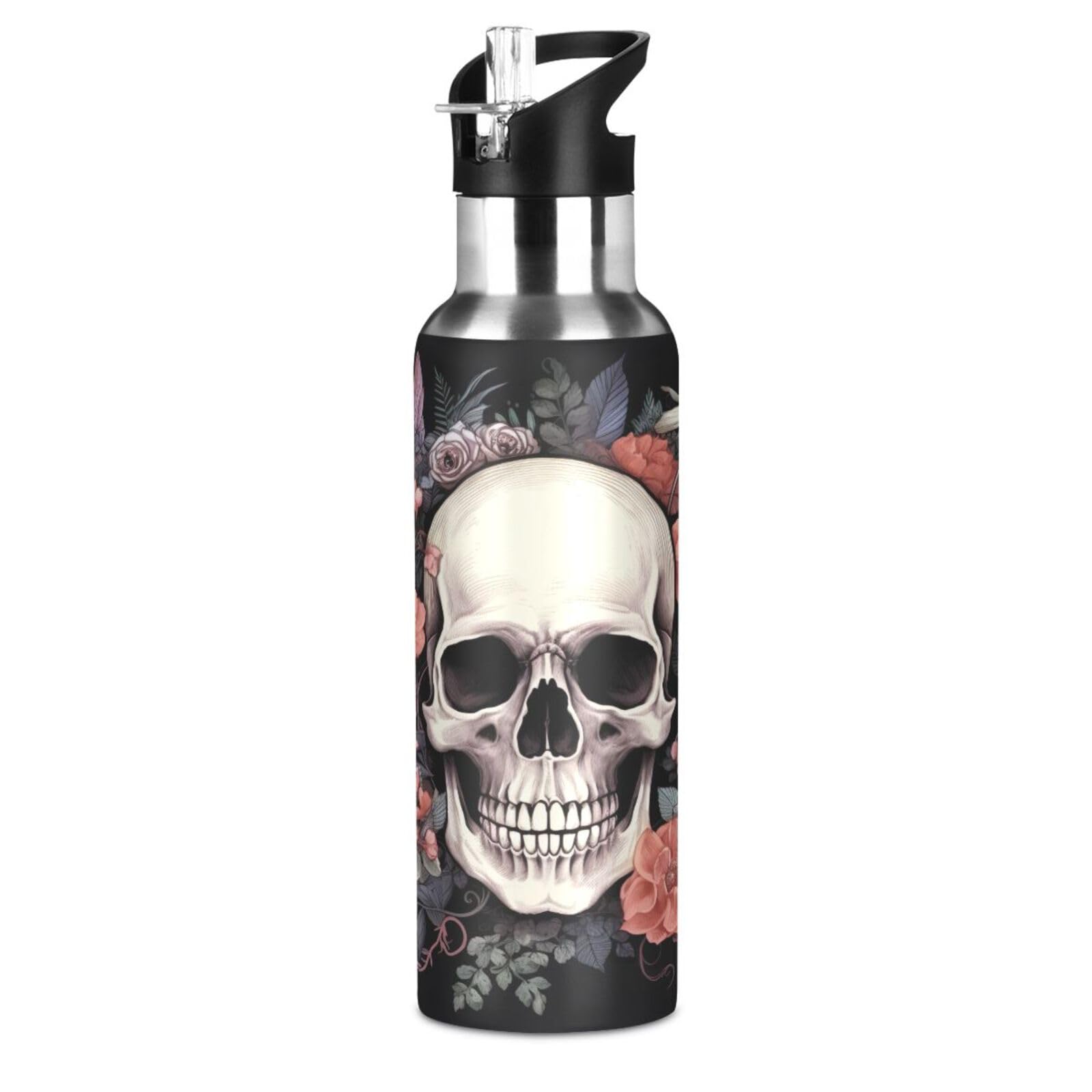 WELLDAY Water Bottle Black Rose Skull Double Wall Vacuum Insulated Flask Stainless Steel with Straw Lid 20oz