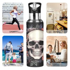 WELLDAY Water Bottle Black Rose Skull Double Wall Vacuum Insulated Flask Stainless Steel with Straw Lid 20oz