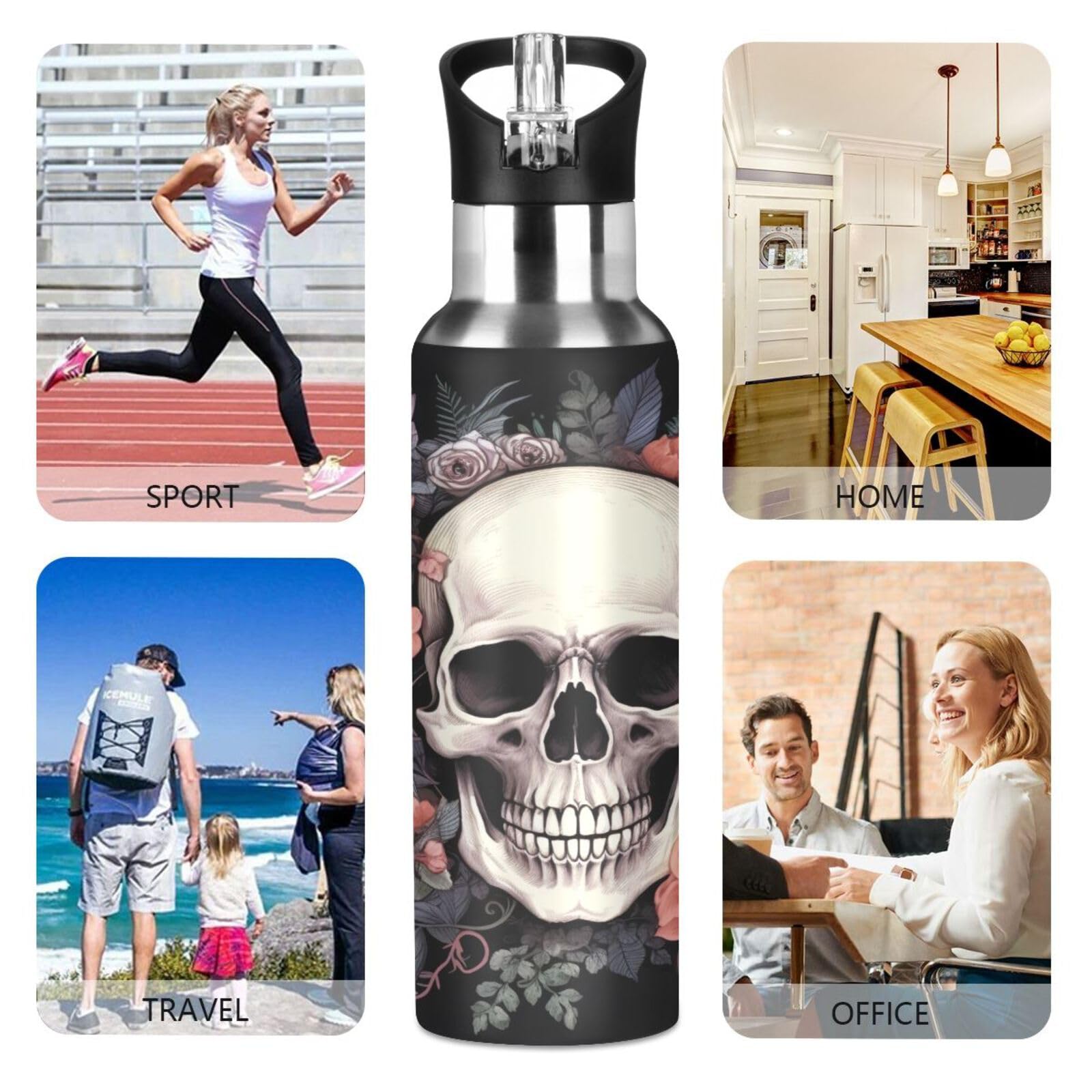 WELLDAY Water Bottle Black Rose Skull Double Wall Vacuum Insulated Flask Stainless Steel with Straw Lid 20oz