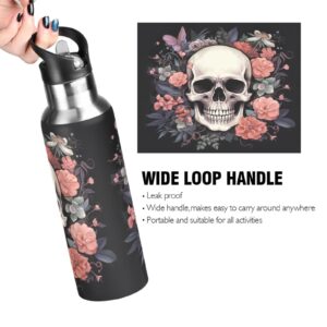 WELLDAY Water Bottle Black Rose Skull Double Wall Vacuum Insulated Flask Stainless Steel with Straw Lid 20oz