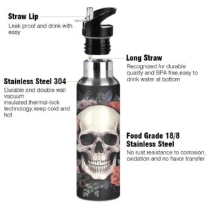 WELLDAY Water Bottle Black Rose Skull Double Wall Vacuum Insulated Flask Stainless Steel with Straw Lid 20oz