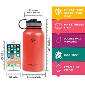 Swig Savvy Vacuum Insulated Stainless Steel Water Bottle with Straw, Double Wall Wide Mouth Sports Bottle with Storage Sleeve, Keeps Liquids Cold for 24 Hours, Hot for 12, 32 Ounces, Red