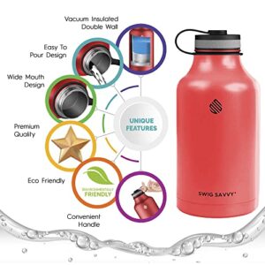 Swig Savvy Vacuum Insulated Stainless Steel Water Bottle with Straw, Double Wall Wide Mouth Sports Bottle with Storage Sleeve, Keeps Liquids Cold for 24 Hours, Hot for 12, 32 Ounces, Red