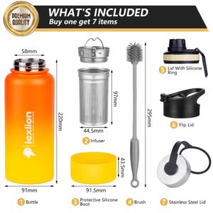 lexlion Water Bottle 32 Oz, Triple Walled Insulated Stainless Steel Reusable, Wide Mouth, Fruit Diffuser-Thermal Leaf Infuser, Silicone Sleeve&Cleaning Brush, 3 Lids Leak Proof, Metal