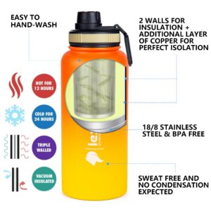 lexlion Water Bottle 32 Oz, Triple Walled Insulated Stainless Steel Reusable, Wide Mouth, Fruit Diffuser-Thermal Leaf Infuser, Silicone Sleeve&Cleaning Brush, 3 Lids Leak Proof, Metal